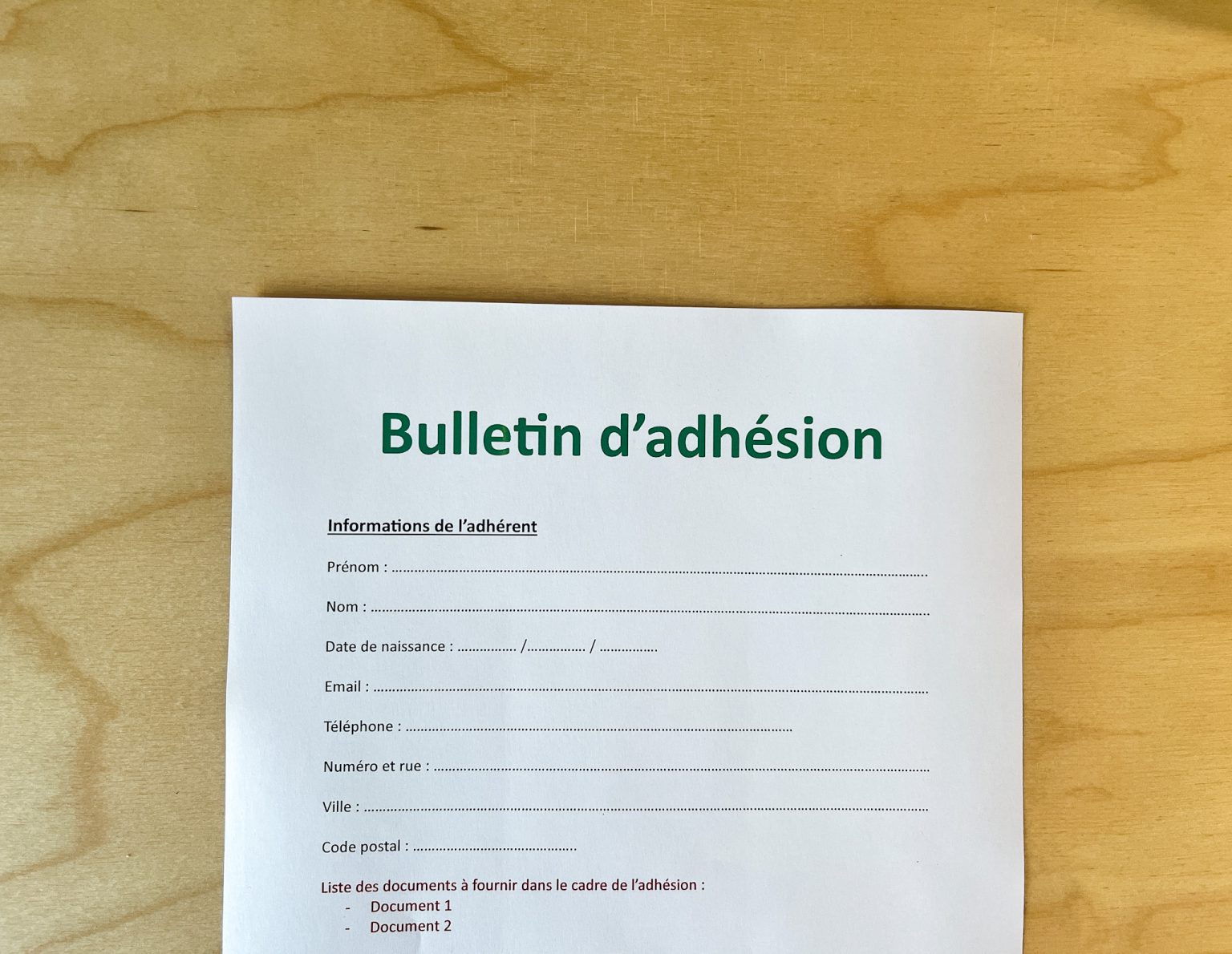 Modèle de bulletin d'adhésion à une association